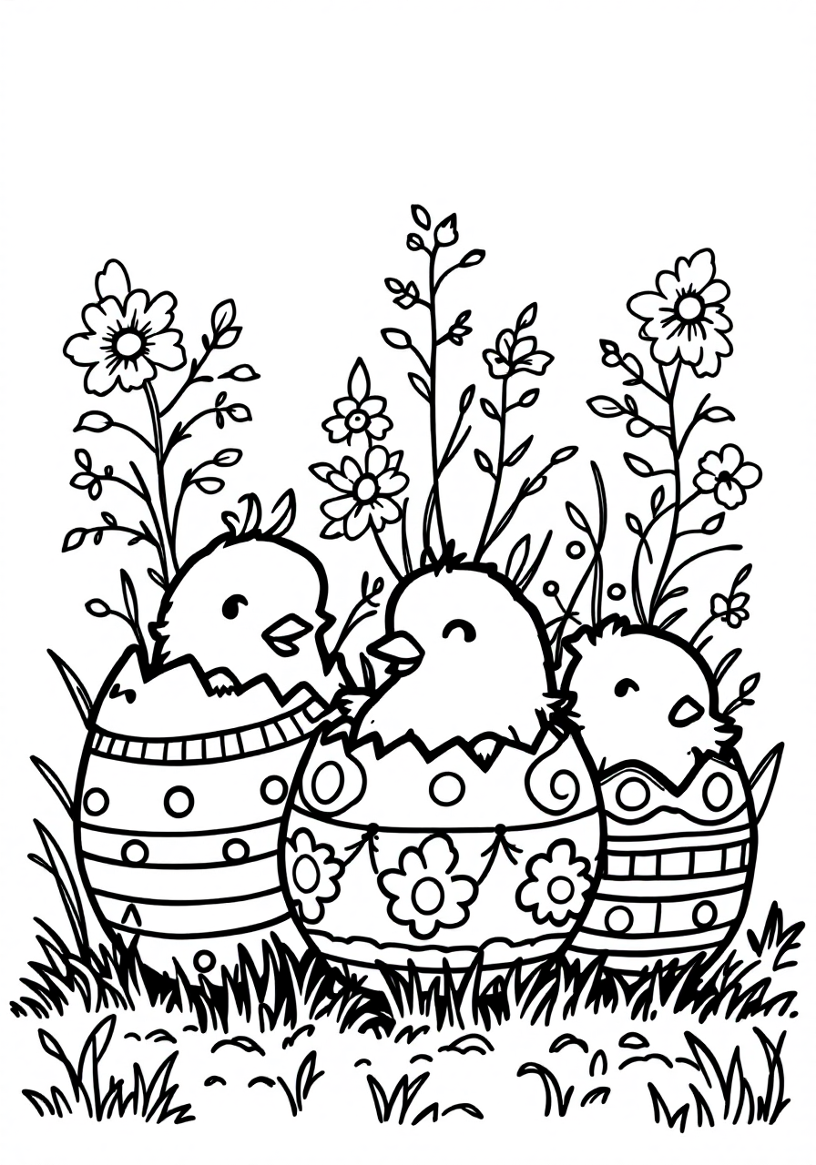 Spring Chicks Hatching from Decorated Eggs - Free Easter Coloring Page