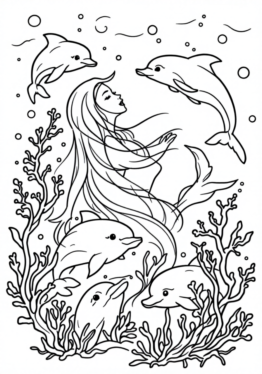 Mermaid Singing with Dolphins - Free Fantasy Coloring Page
