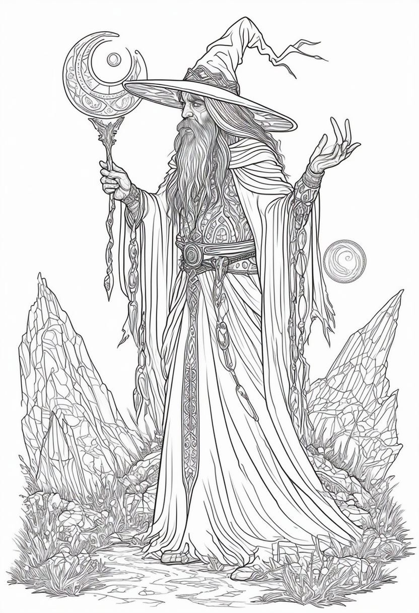 Sorcerer Mystical Path To The Future - Free Fantasy Coloring Page