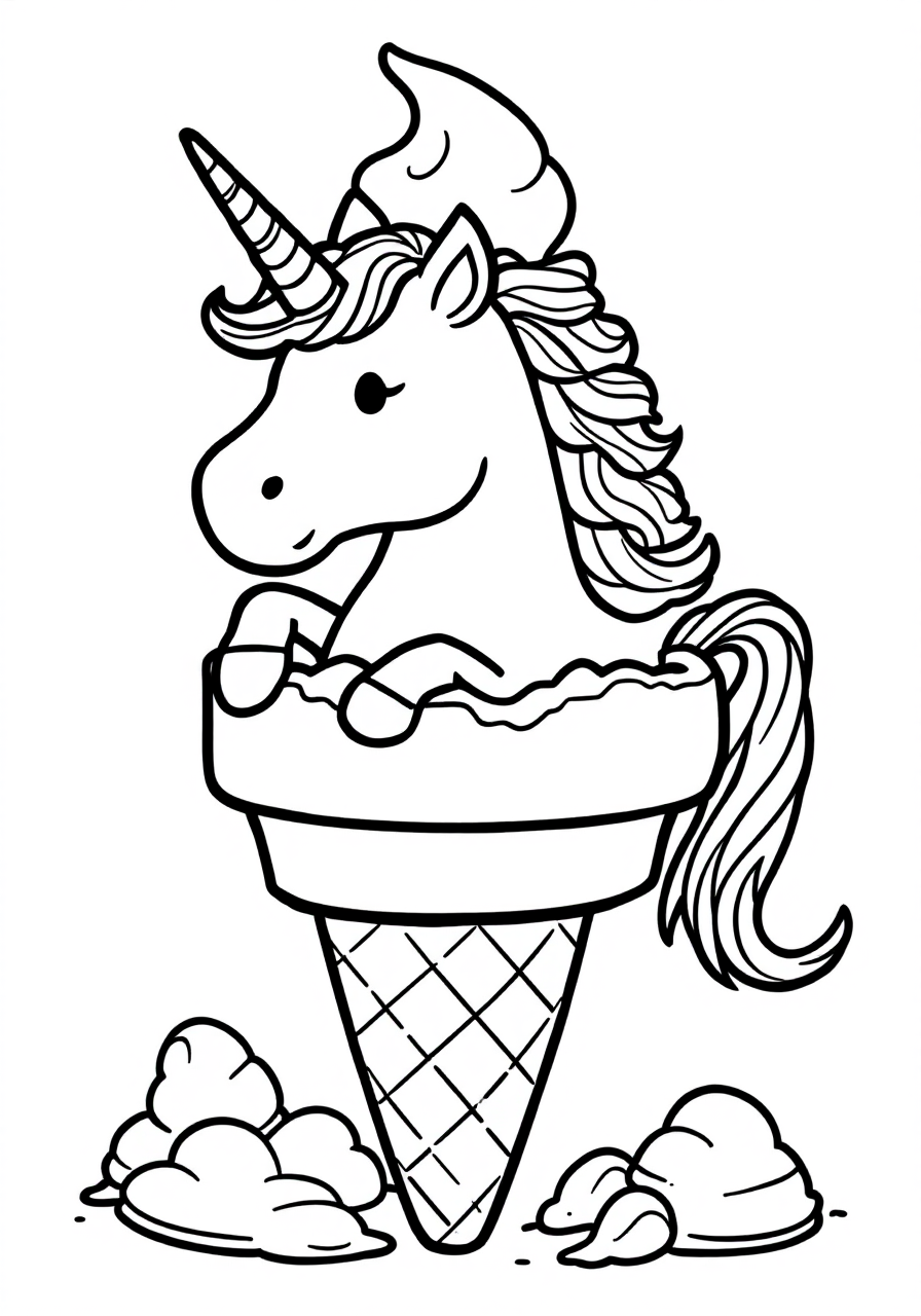Unicorn Stuck in a Giant Ice Cream Cone - Free Fantasy Coloring Page