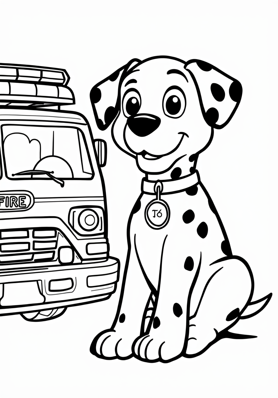 Dalmatian Sitting Beside a Fire Truck - Free Firefighter Coloring Page
