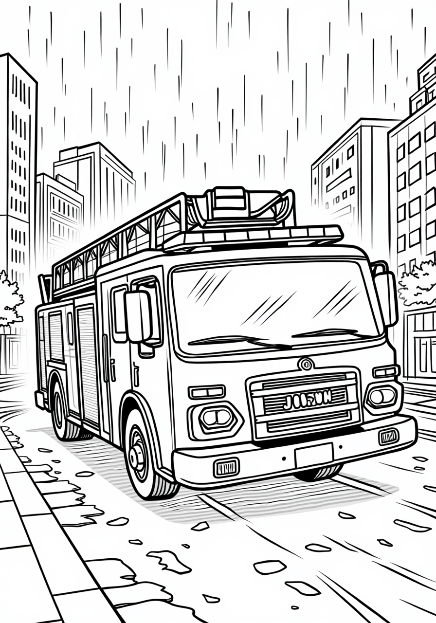 Fire Truck Driving Through Rainy Streets - Free Printable Coloring Page