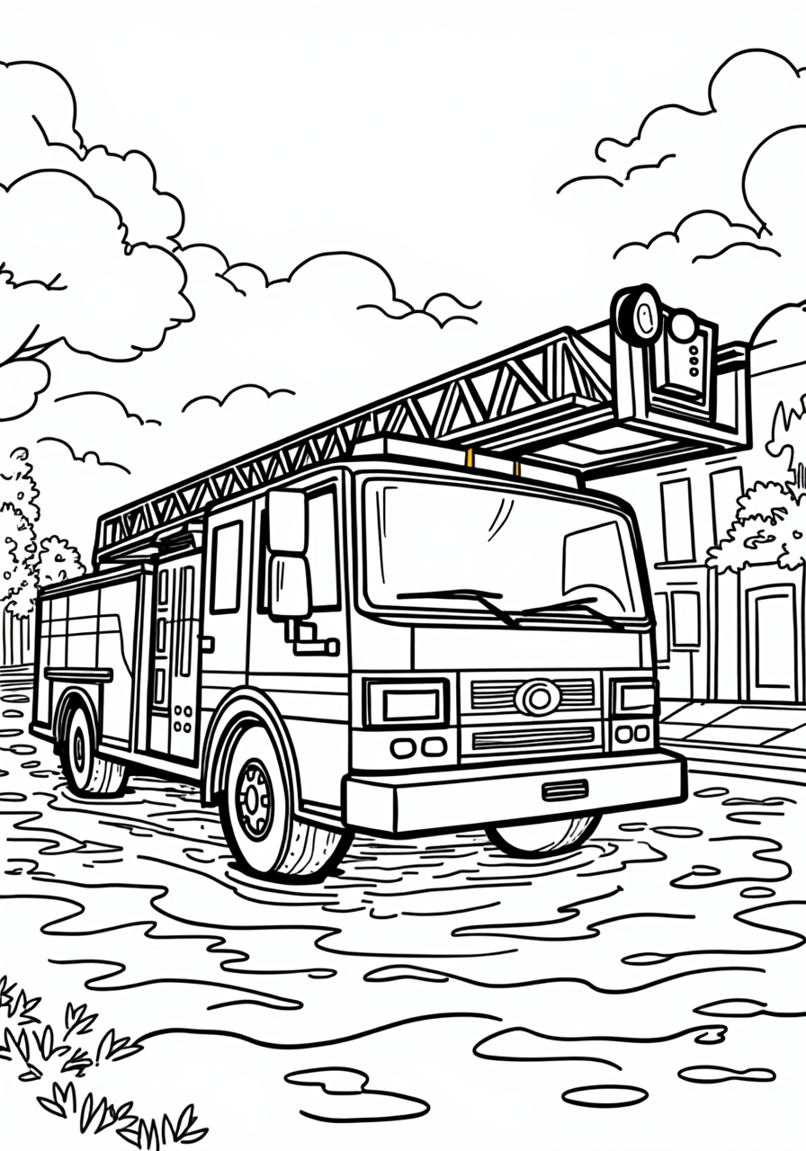 Fire Truck Helping At A Flooded Street - Free Printable Coloring Page