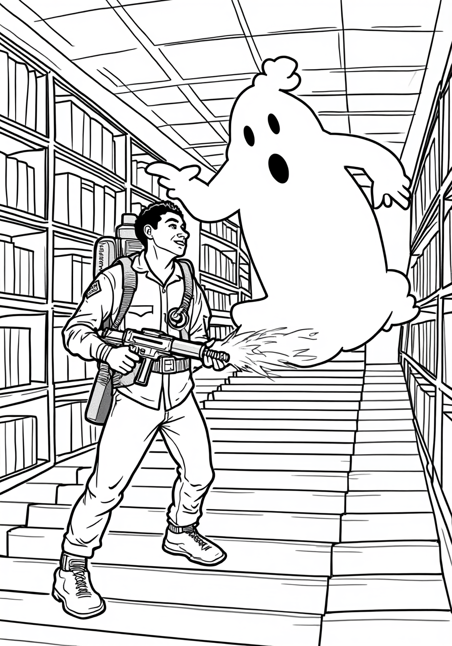 Ghostbusters Capturing a Library Ghost - Free Coloring Page