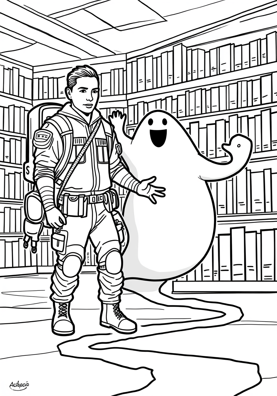 Ghostbusters Catching Slimer in the Library - Free Coloring Page