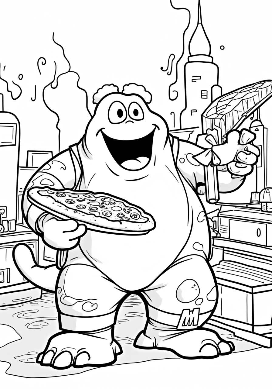 Slimer Eating Pizza In The Firehouse - Free Ghostbusters Coloring Page