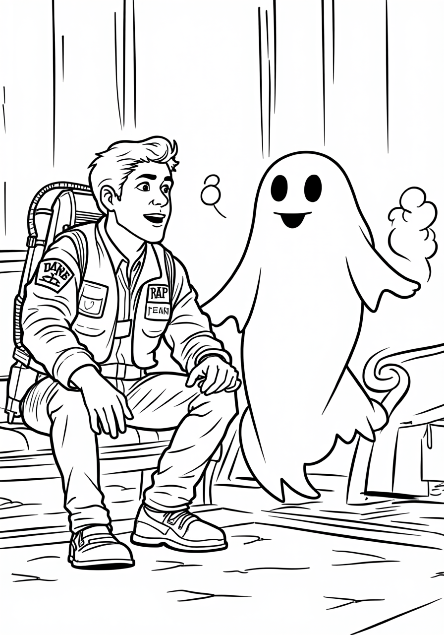 Venkman And Ray Interviewing A Ghost - Free Ghostbusters Coloring Page