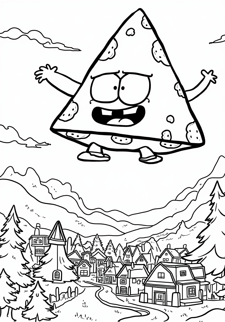 Bill Cipher Floating Over Gravity Falls - Free Coloring Page