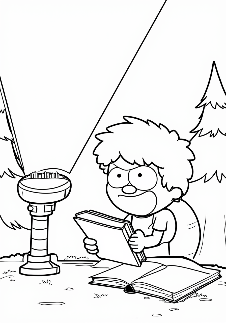 Dipper Reading The Journal By Flashlight - Gravity Falls Coloring Page