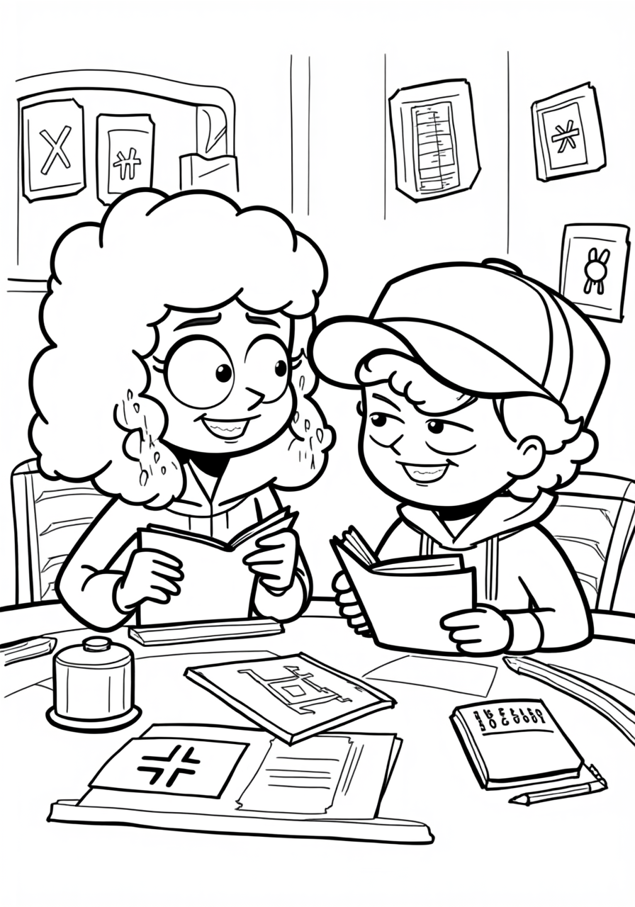 Mabel and Dipper Solving Cipher Puzzles – Free Gravity Falls Coloring Page