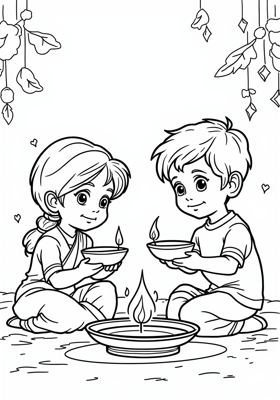 Children Lighting Diwali Lamps - Free Holiday Coloring Page