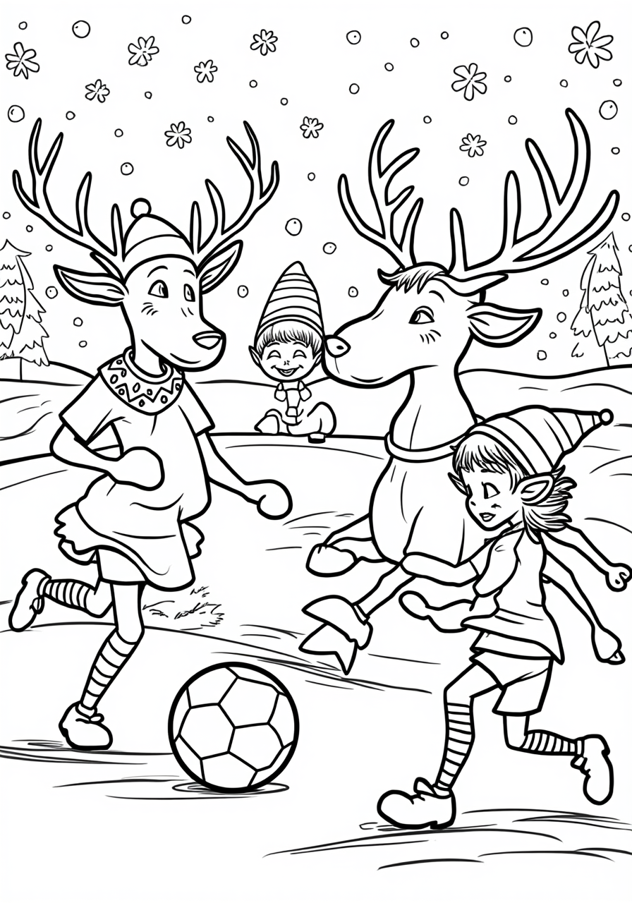 Reindeer Playing Soccer With Elves - Free Holiday Coloring Page