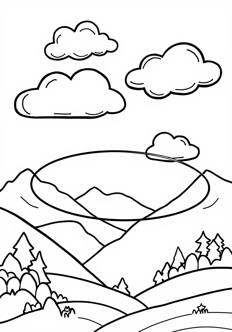 Clouds Jumping Rope Over A Valley - Free Creative Landscape Coloring Page