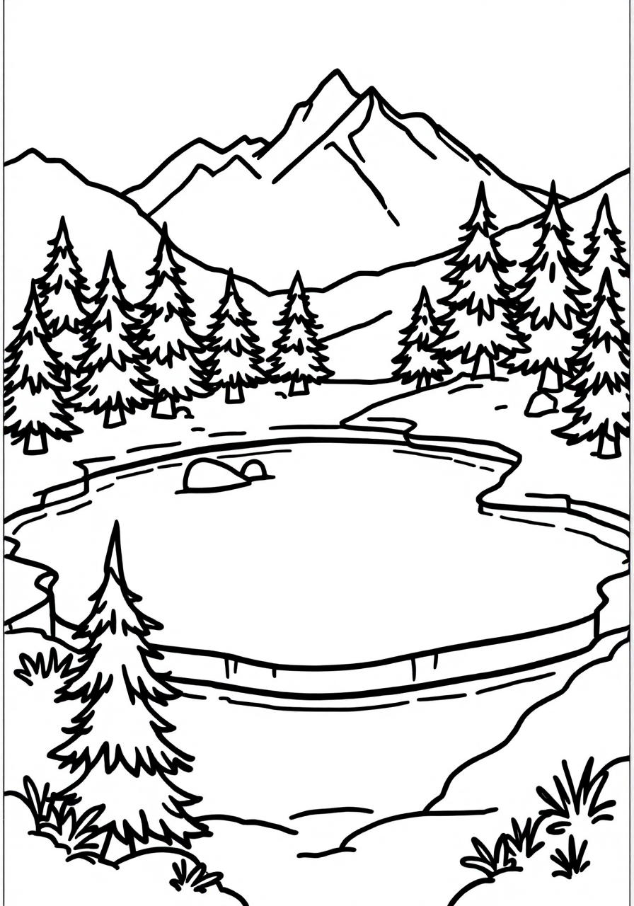 Frozen Lake With Snowy Pines - Free Winter Landscape Coloring Page