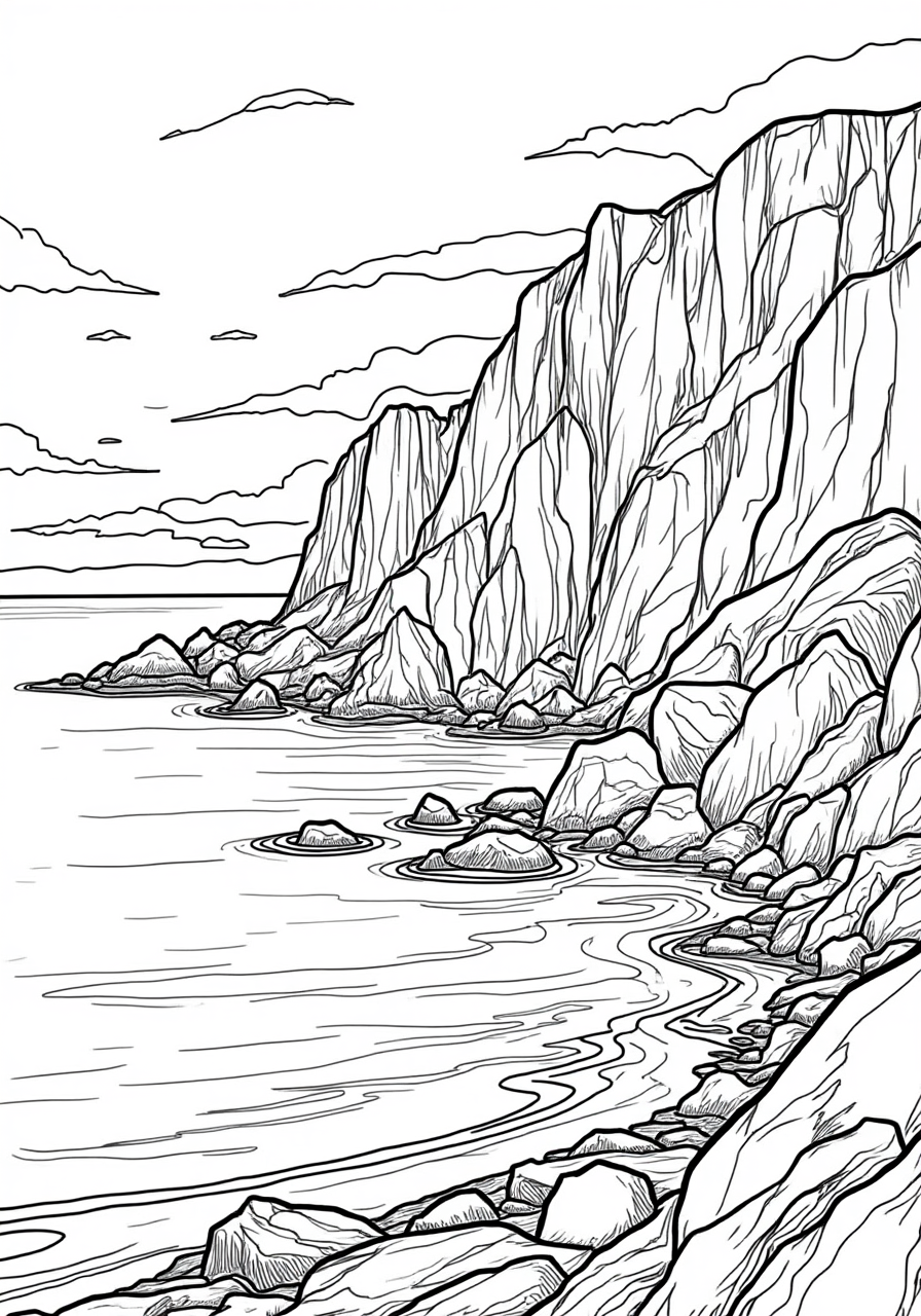 Rocky Coastal Cliffs at Dawn Coloring Page – Free Printable Landscape