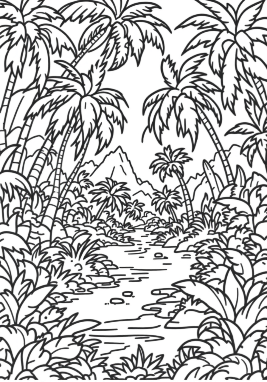 Tropical Island Full Of Dancing Trees - Free Landscape Coloring Sheet
