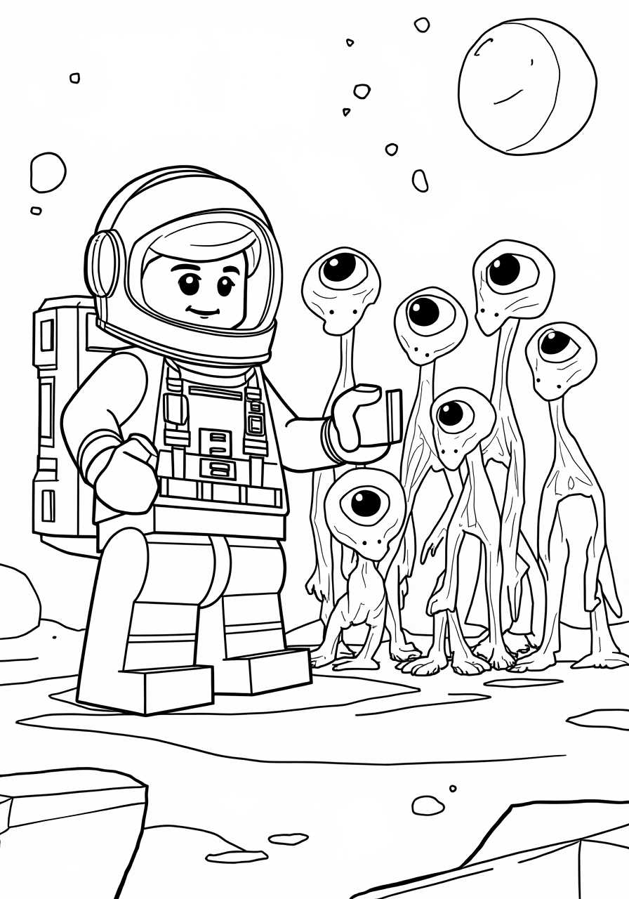 Lego Astronaut Taking Selfies With Aliens - Free Space Coloring Sheet