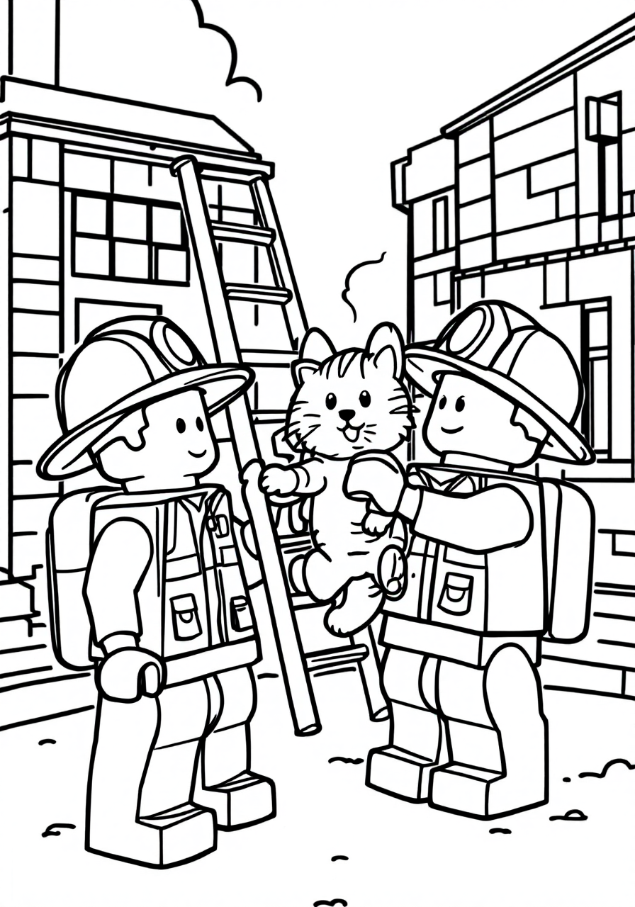 Lego Firefighters Rescuing a Cat - Free Printable Coloring Page
