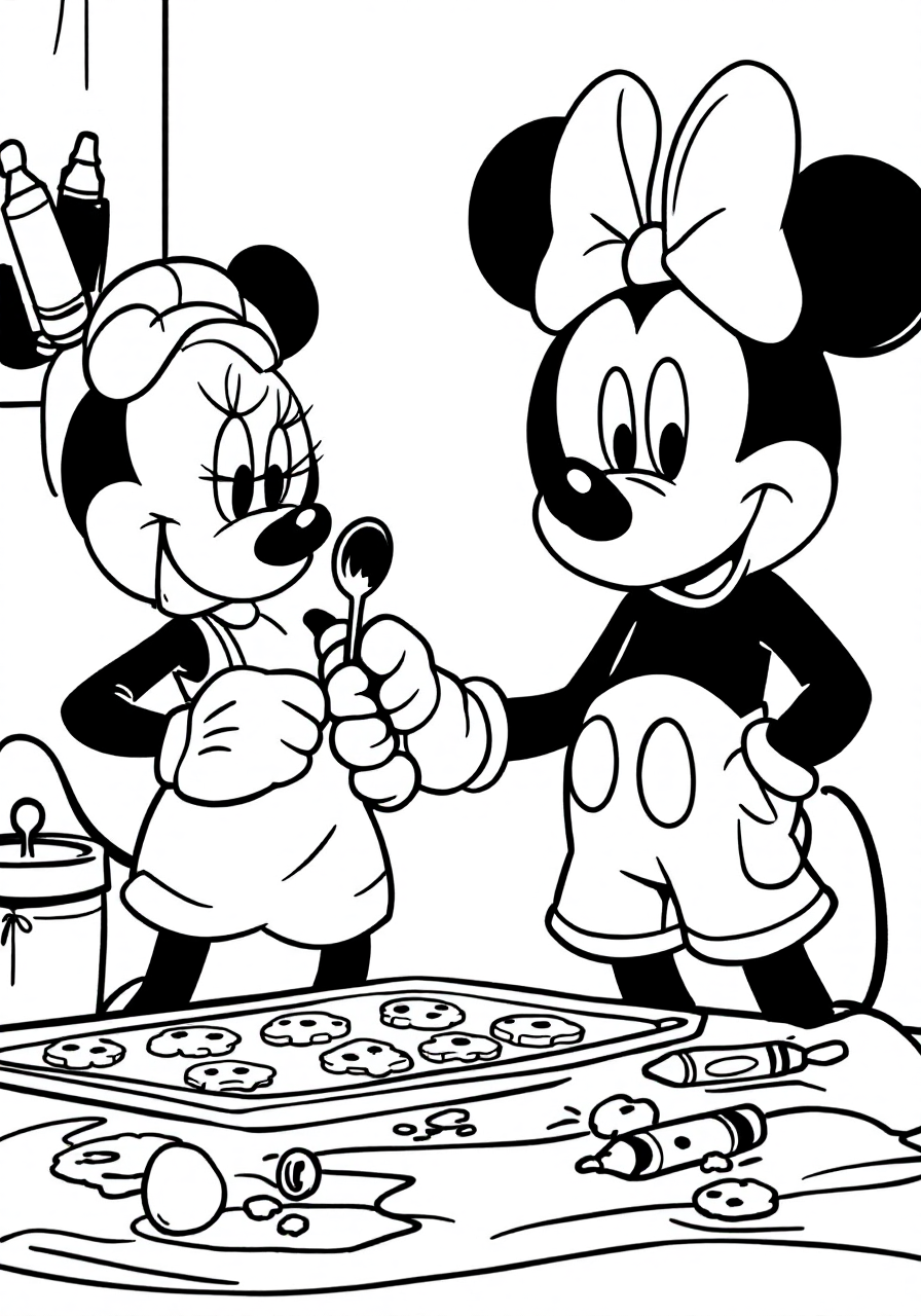 Mickey Mouse Baking Cookies With Minnie - Free Disney Coloring Page