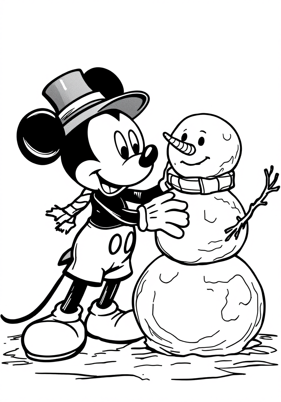 Mickey Mouse Building a Snowman - Free Winter Coloring Page