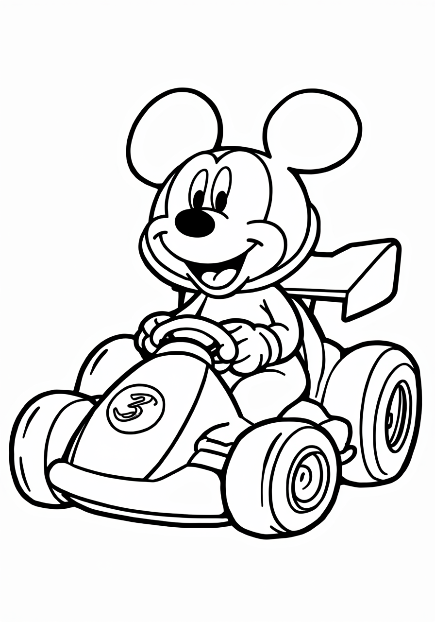 Mickey Mouse Driving a Race Car - Free Printable Coloring Page