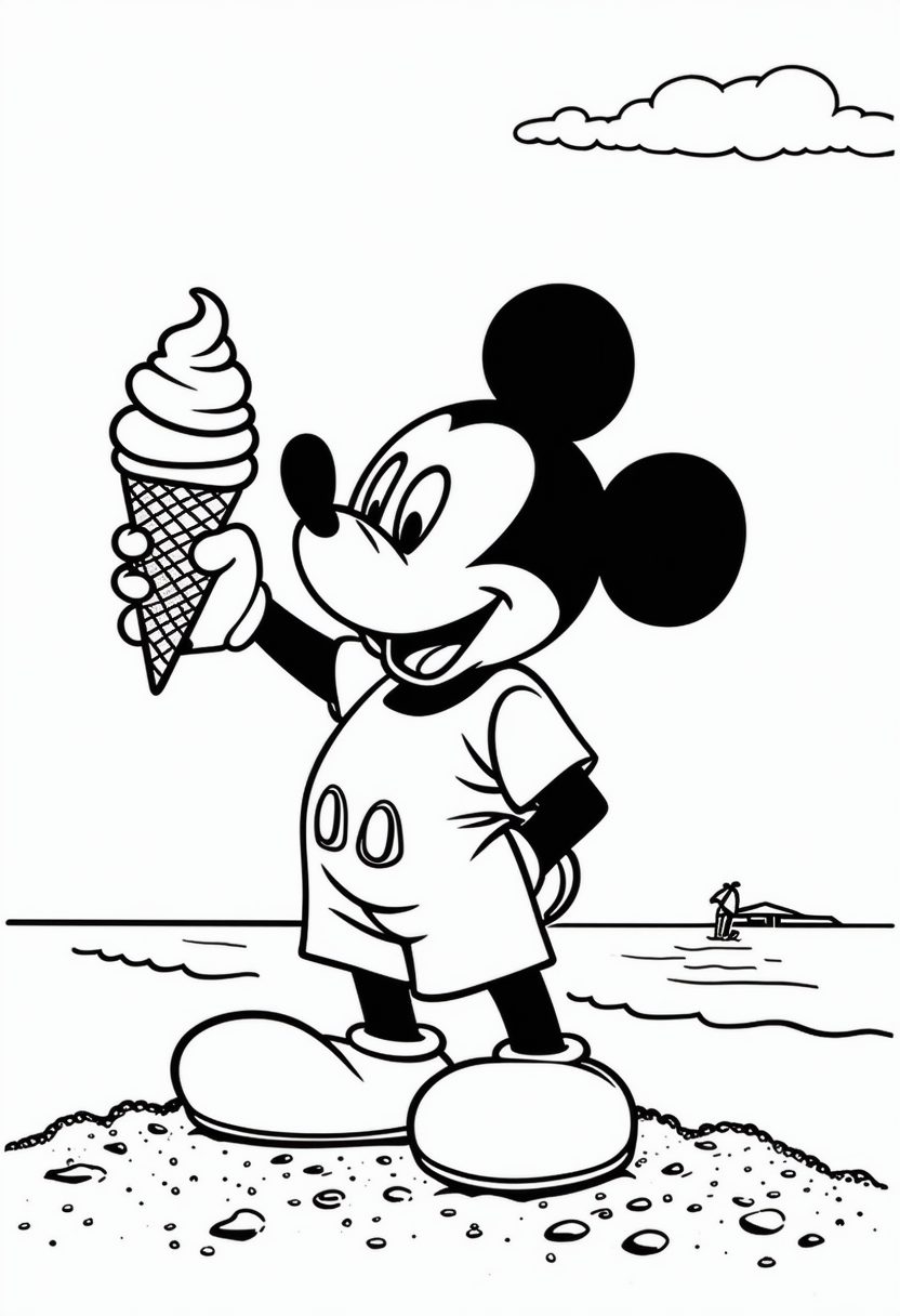 Mickey Mouse Eating Ice Cream On An Island - Free Coloring Page