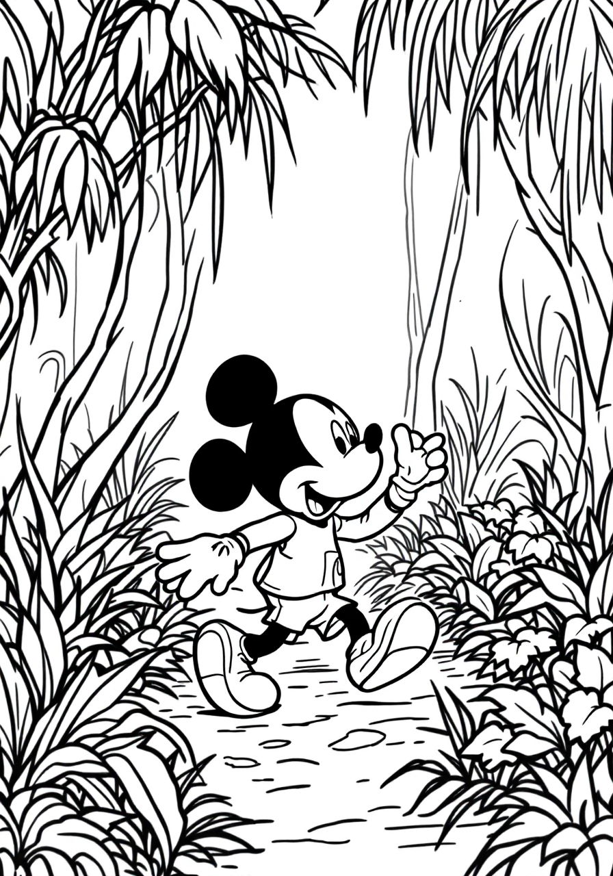 Mickey Mouse Exploring the Jungle - Free Jungle Adventure Coloring Page