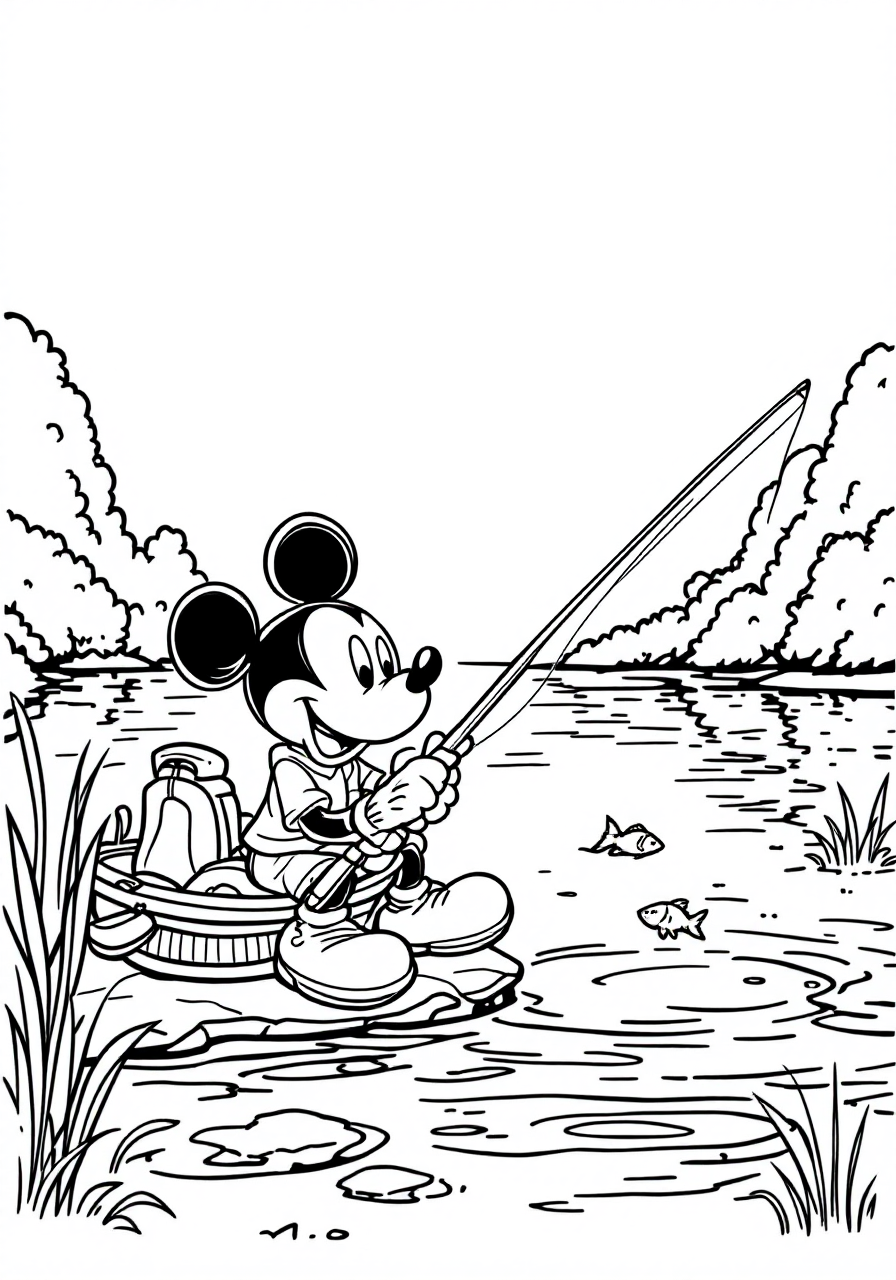 Mickey Mouse Going Fishing - Free Coloring Page for Kids