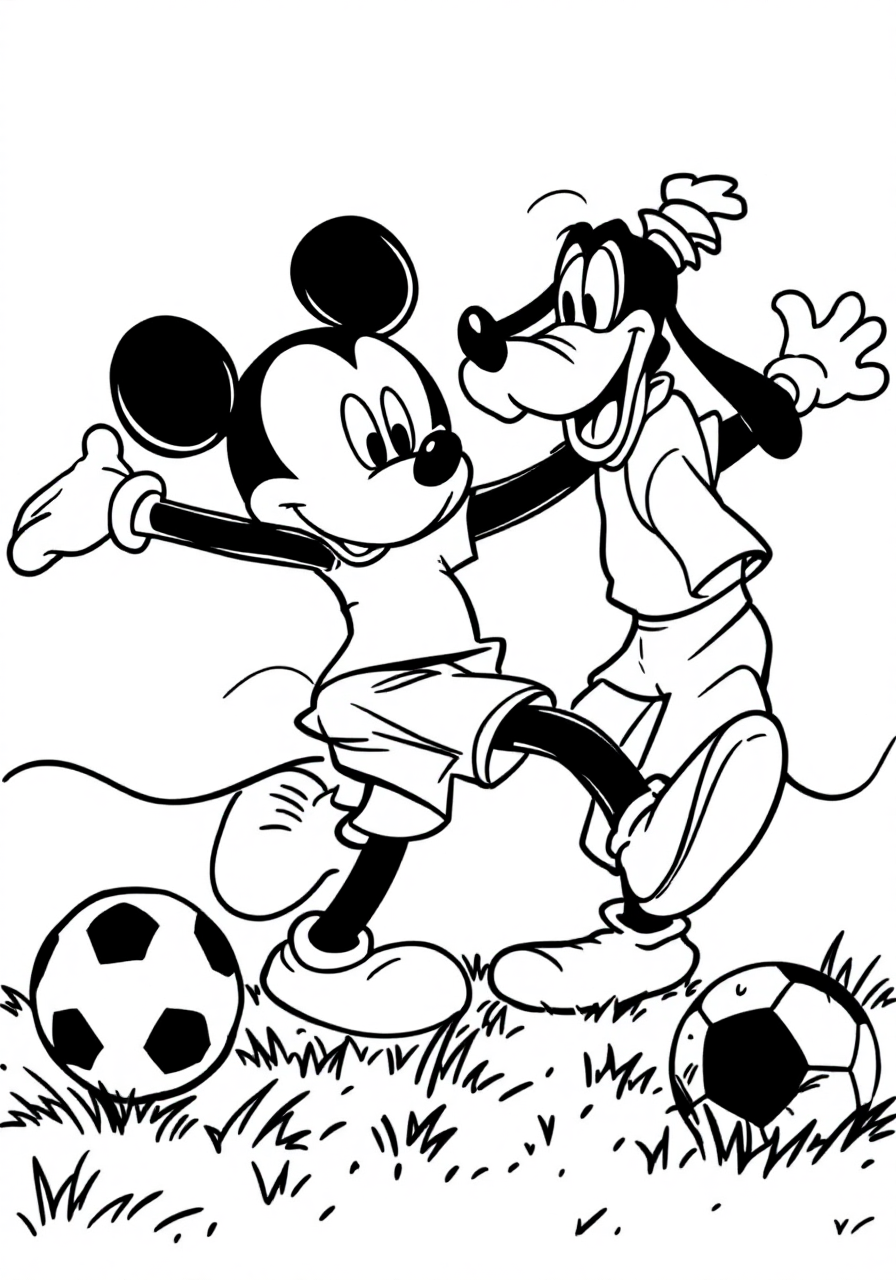 Mickey Mouse Playing Soccer With Goofy - Free Disney Coloring Page