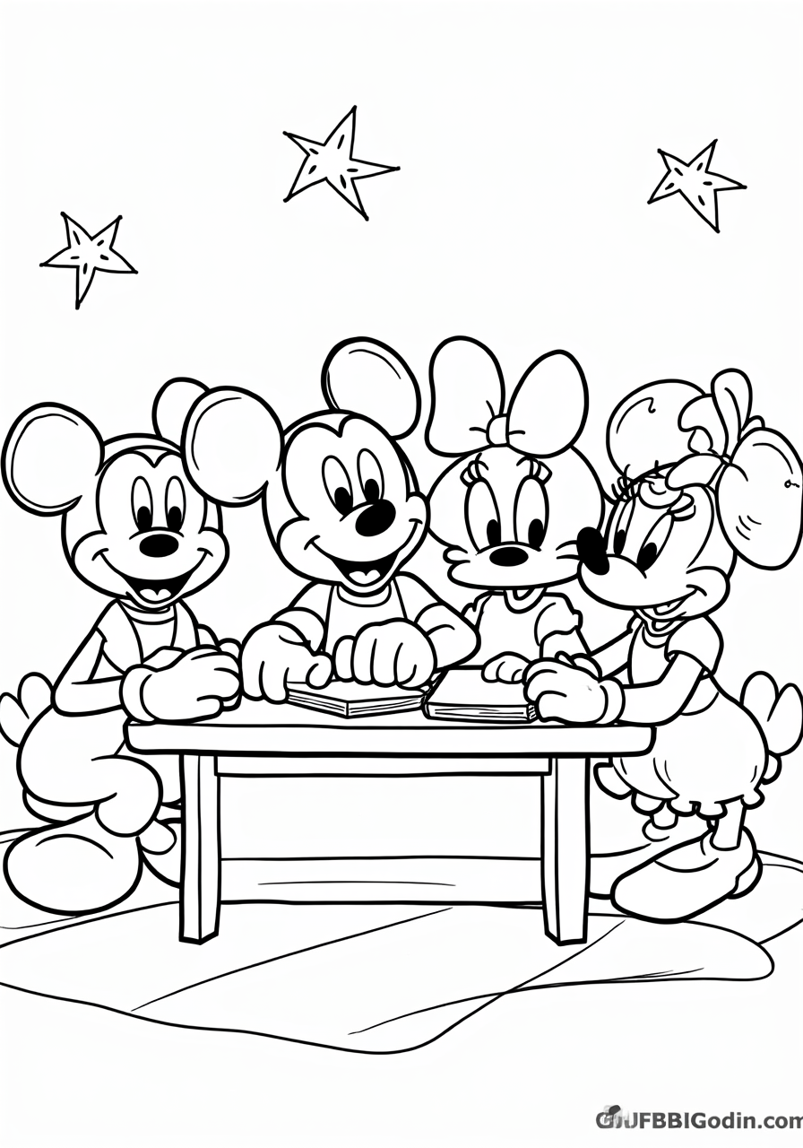 Mickey Mouse Reading With Friends - Free Disney Coloring Page