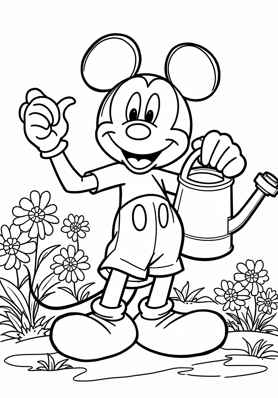 Mickey Mouse Watering His Garden - Free Garden Scene Coloring Page