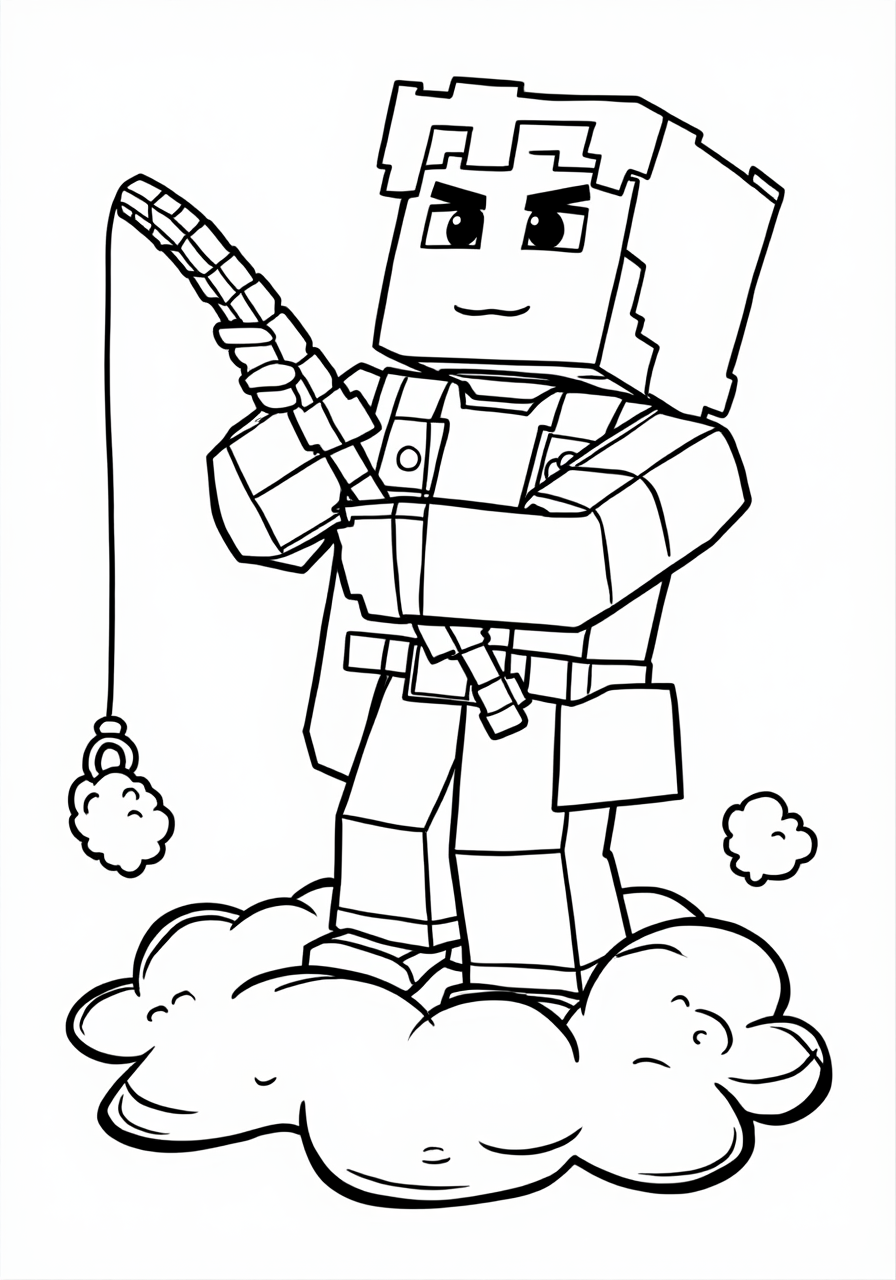 Alex Fishing On A Cloud - Free Minecraft Coloring Page