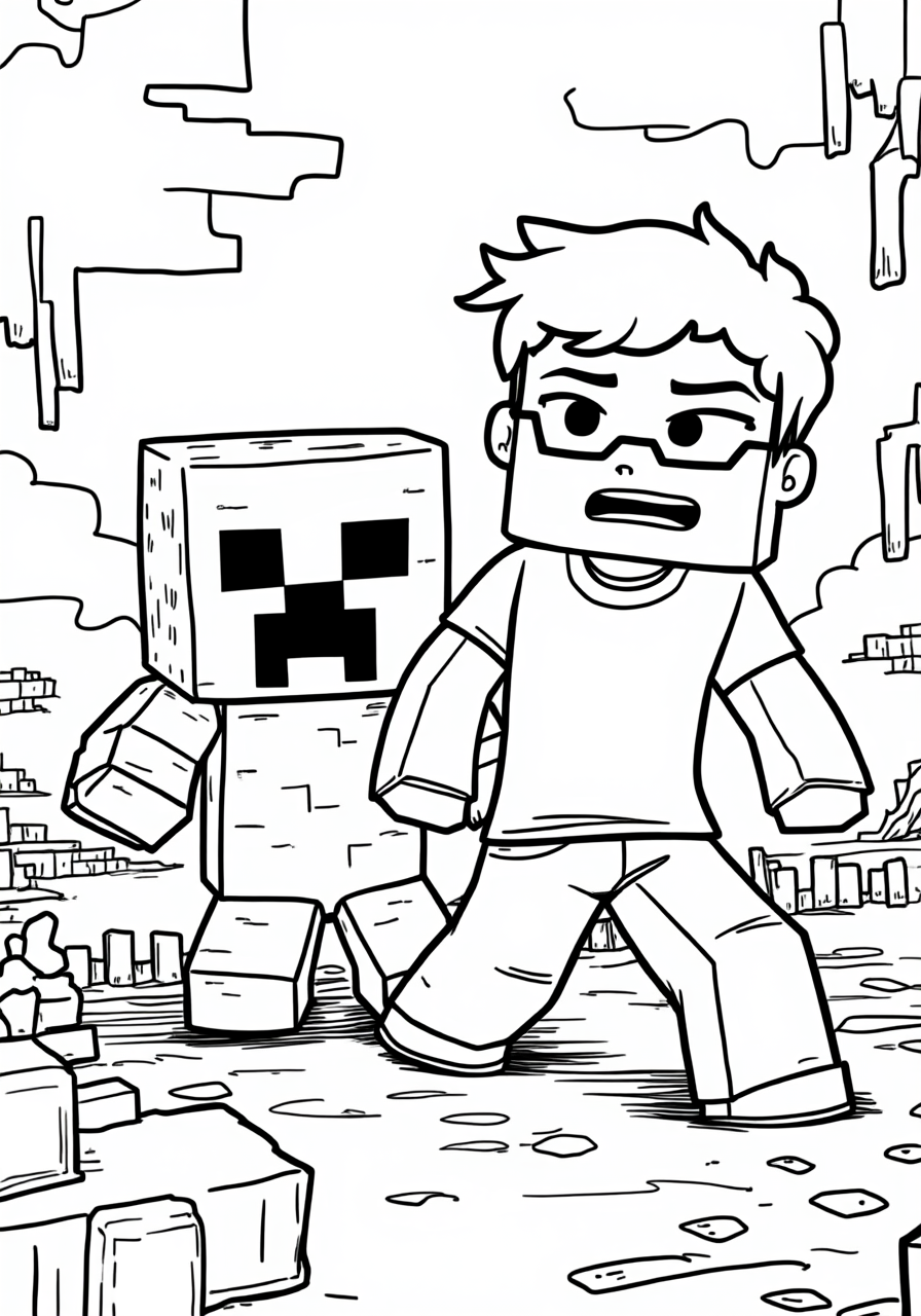 Creeper Sneaking Up Behind Alex Free Minecraft Coloring Page