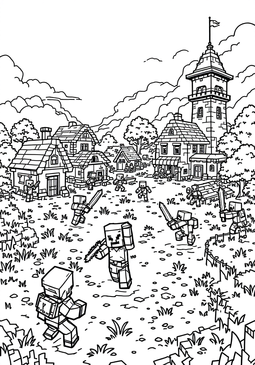 Pillagers Attacking a Village - Free Minecraft Coloring Page