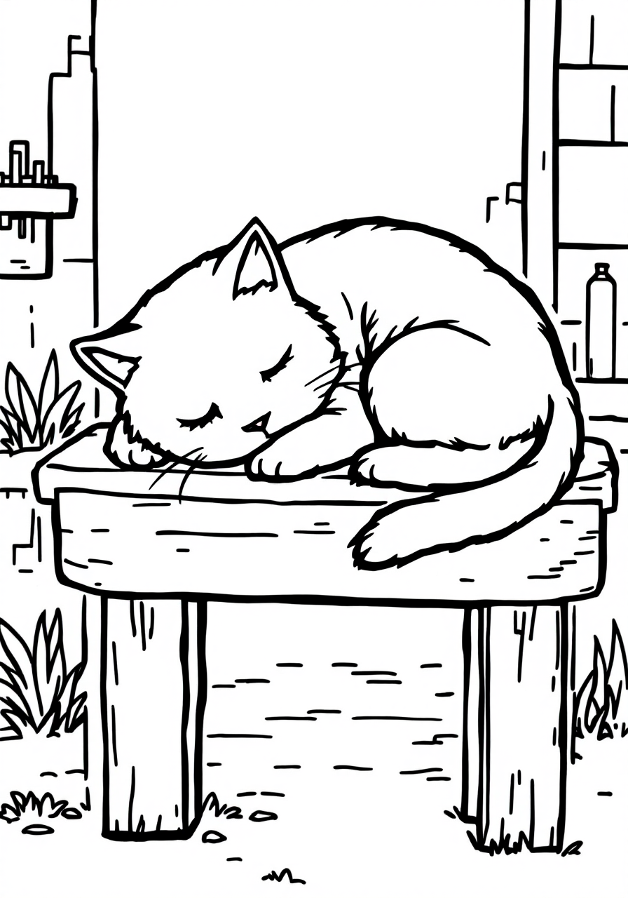 Tame Cat Sleeping on Crafting Table - Free Minecraft Coloring Page