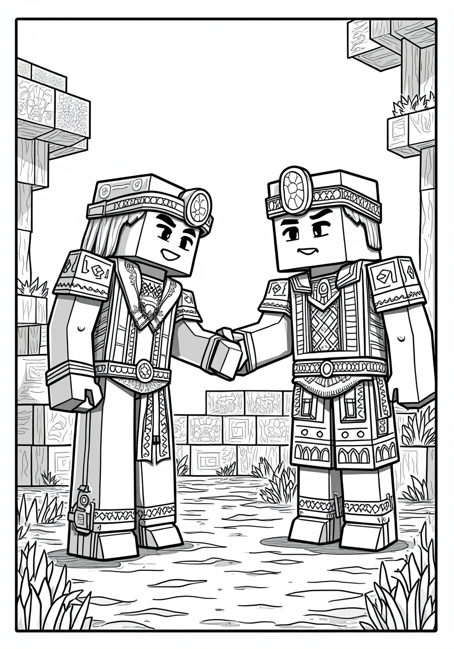 Villager Trading With Steve - Free Minecraft Coloring Page