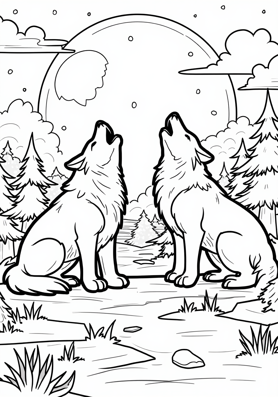 Wolves Howling At The Moon - Free Minecraft Coloring Page