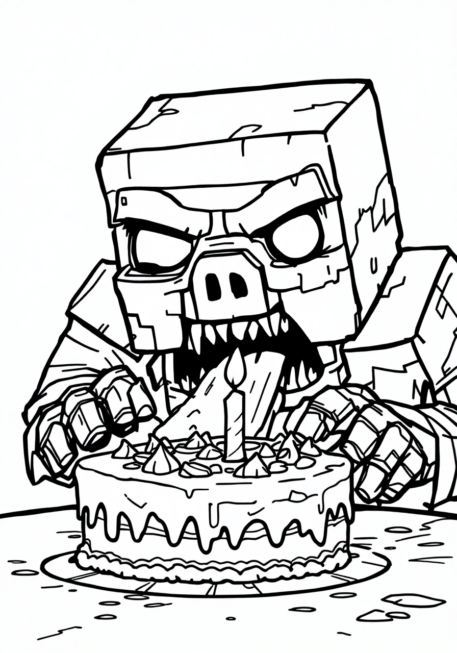 Zombie Pigman Eating Birthday Cake – Free Minecraft Coloring Page
