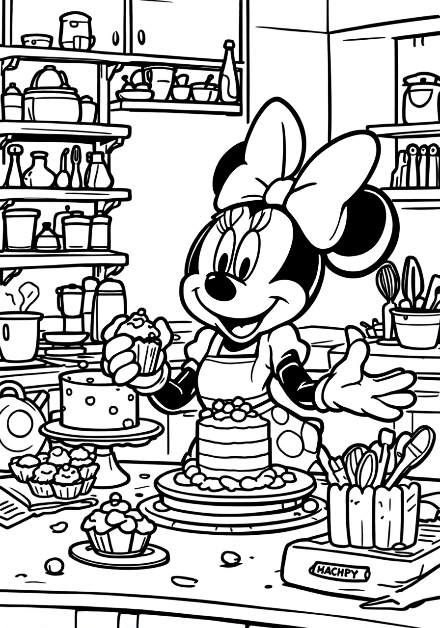 Minnie Mouse Baking Cupcakes in the Kitchen - Free Coloring Page