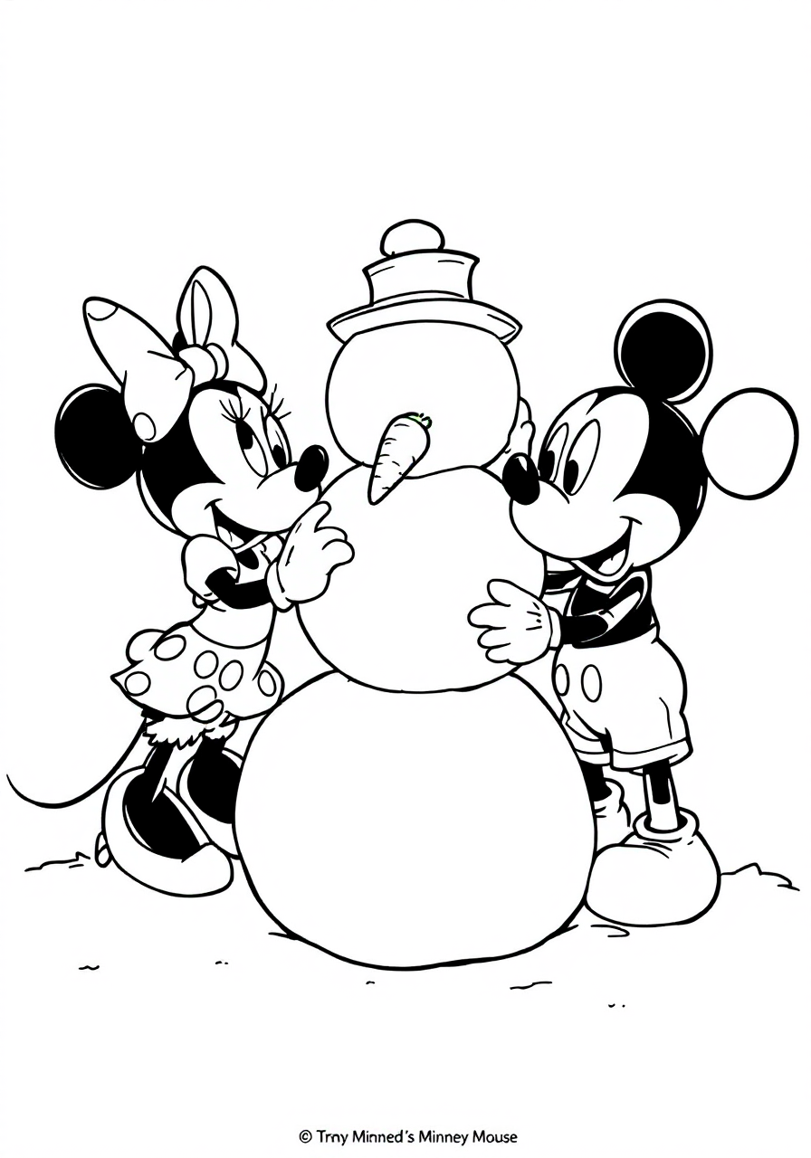 Minnie Mouse Building a Snowman With Mickey - Free Disney Coloring Page