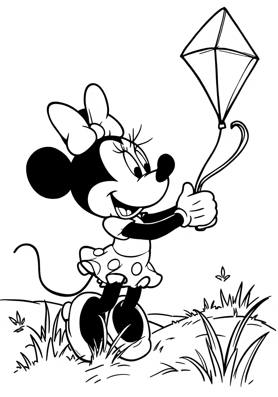 Minnie Mouse Flying a Kite on a Windy Day - Free Cute Coloring Page