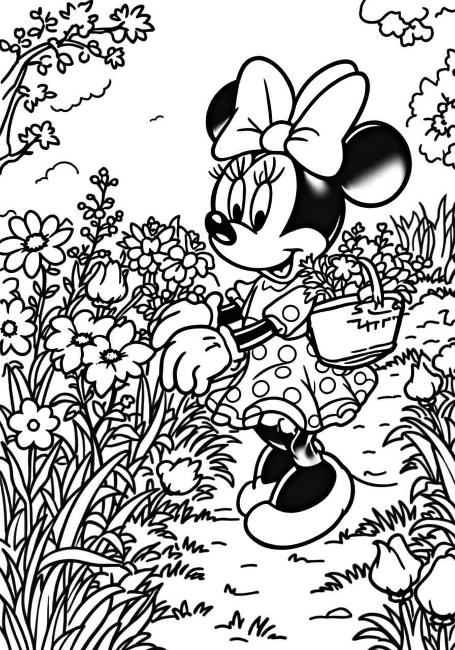 Minnie Mouse Picking Flowers In The Garden - Free Coloring Page