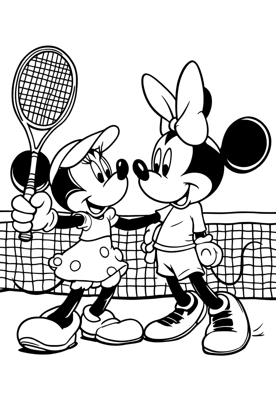 Minnie Mouse Playing Tennis With Mickey - Free Printable Coloring Page