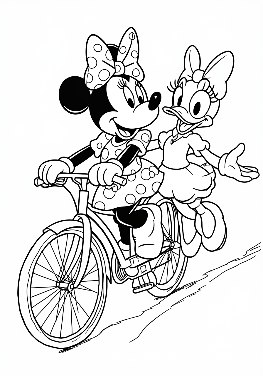 Minnie Mouse Riding a Bicycle With Daisy - Free Cute Coloring Page