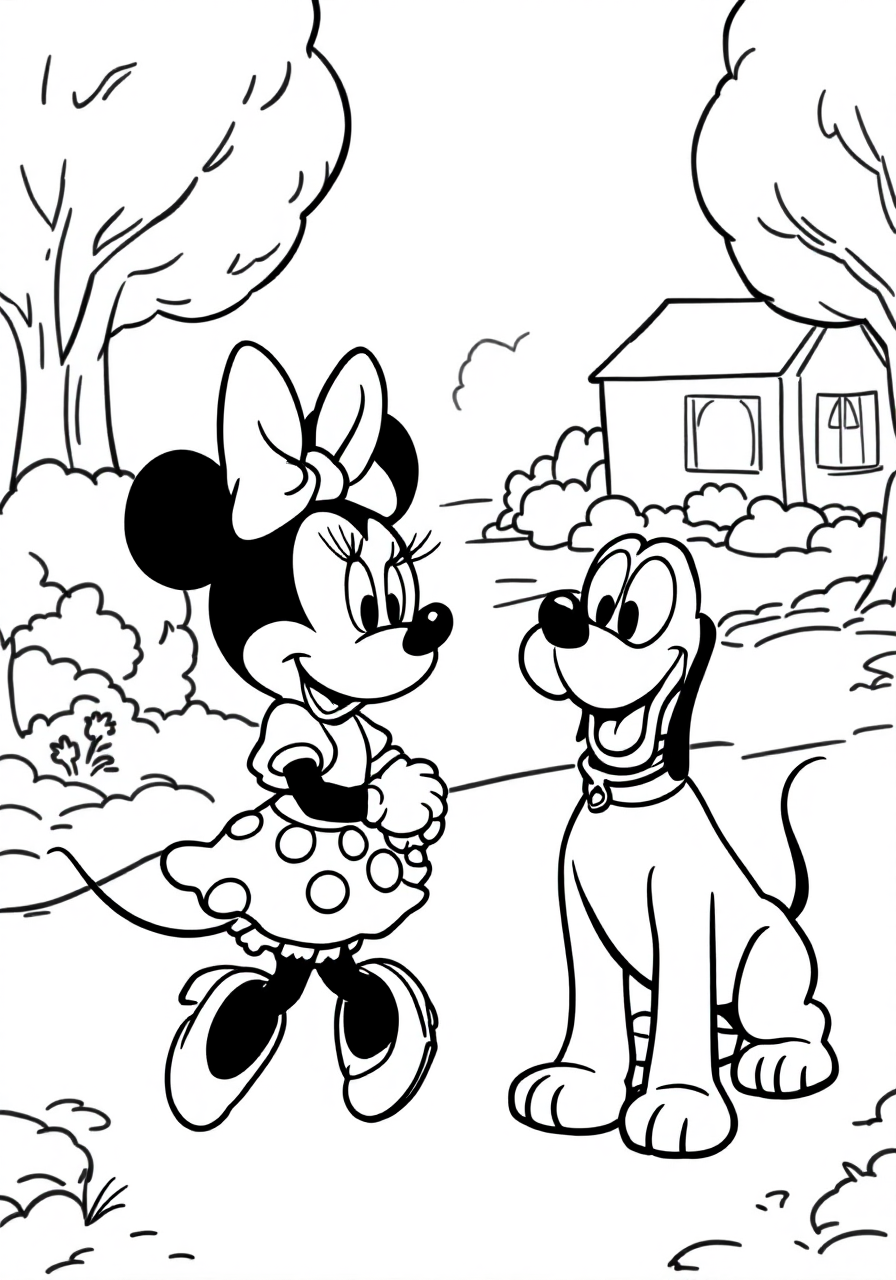 Minnie Mouse Walking Pluto In The Neighborhood - Free Coloring Page