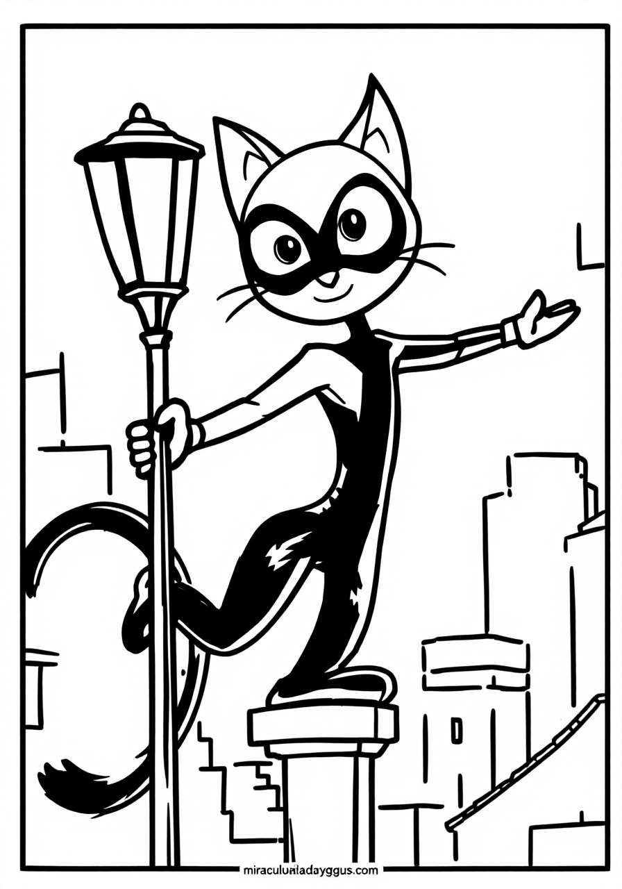 Cat Noir Balancing on a Streetlamp - Free Miraculous Ladybug Coloring Page