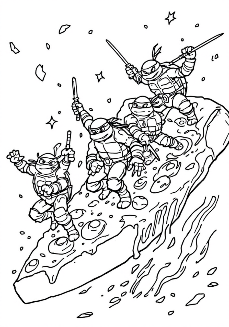 Ninja Turtles Riding a Giant Pizza Slice - Free Printable Coloring Page
