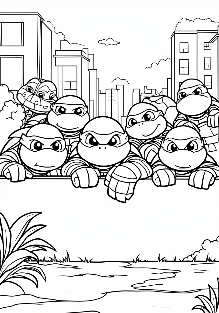 Turtles Hide From Krang's Robot Minions - Ninja Turtles Coloring Page