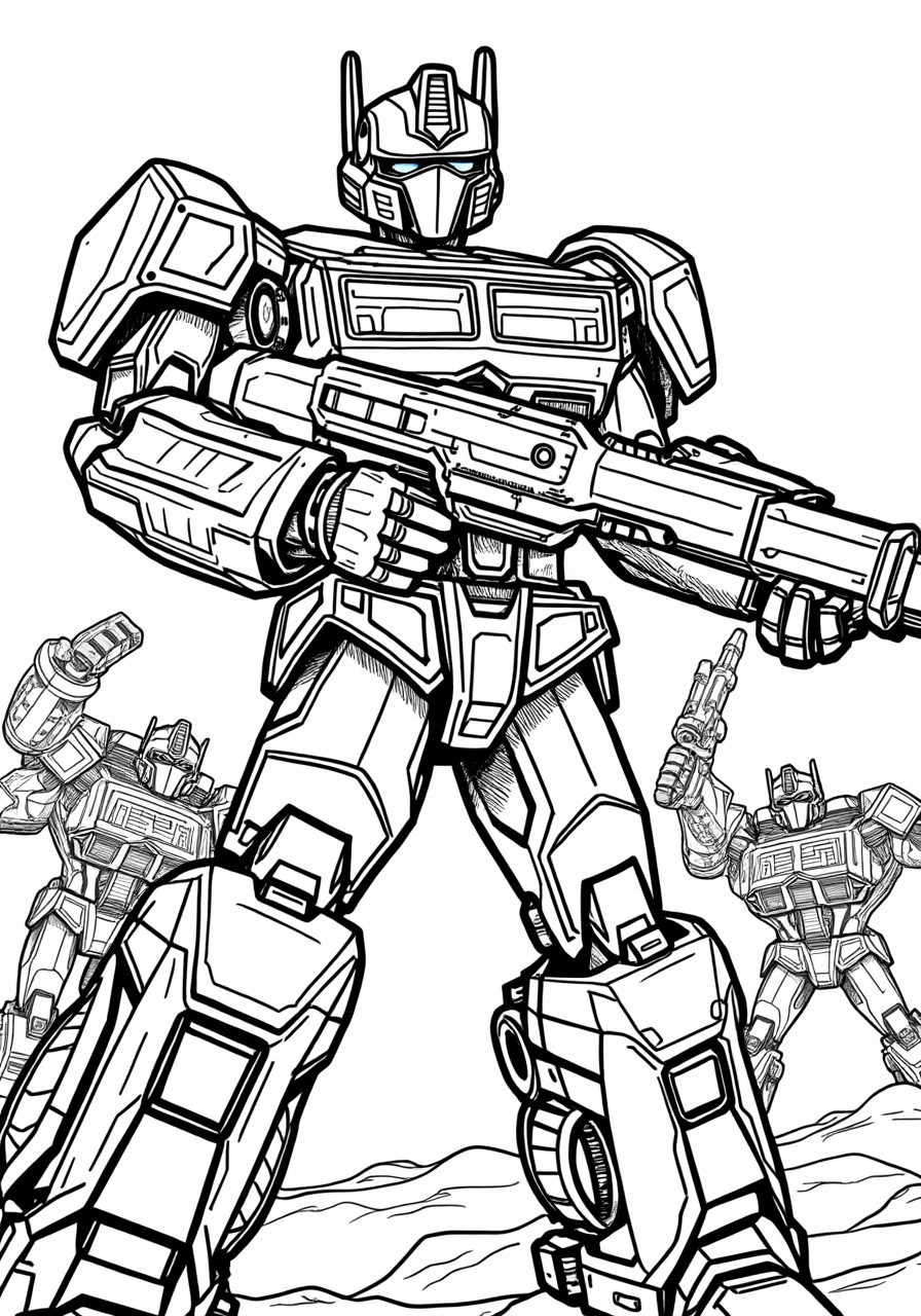 Optimus Prime Training With Autobots - Free Transformers Coloring Page