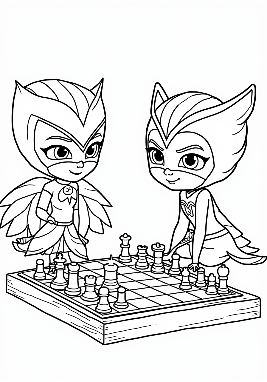 Owlette Playing Chess With Luna Girl - Free PJ Masks Coloring Sheet